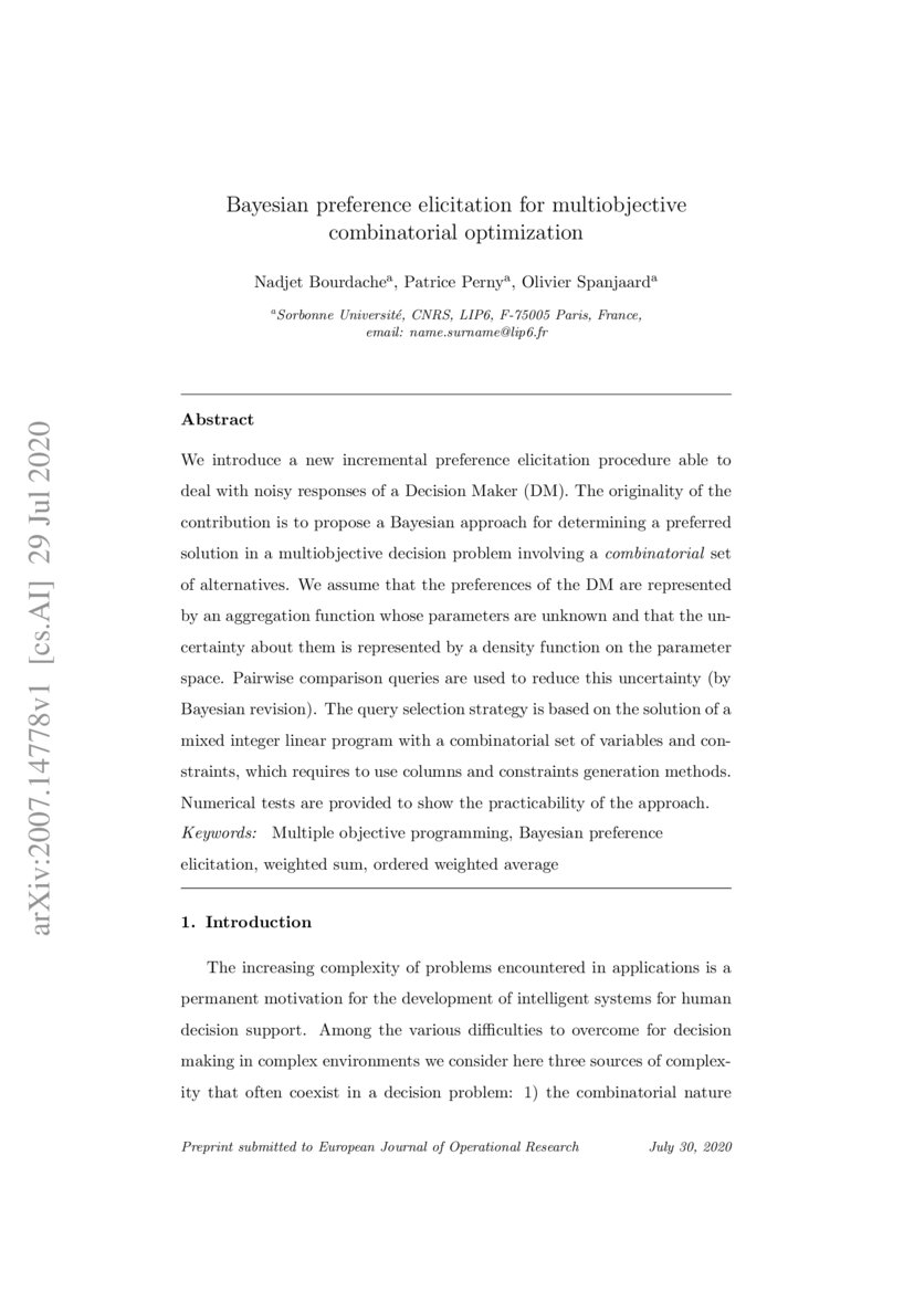 Bayesian Preference Elicitation For Multiobjective Combinatorial Optimization Deepai