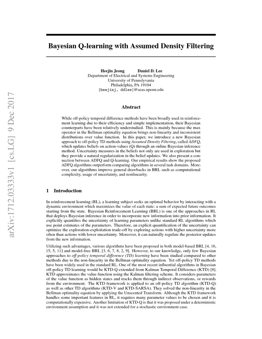 Bayesian Q Learning With Assumed Density Filtering Deepai 2050