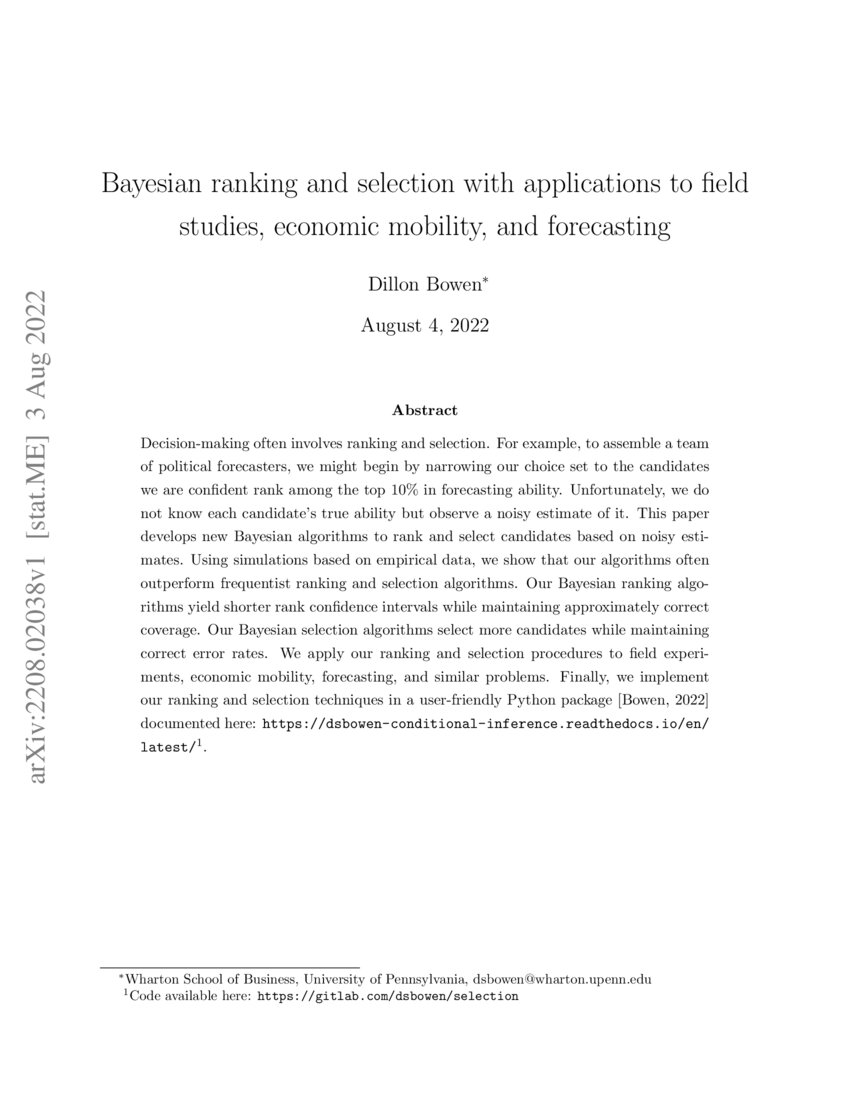Bayesian ranking and selection with applications to field studies, economic mobility, and ...
