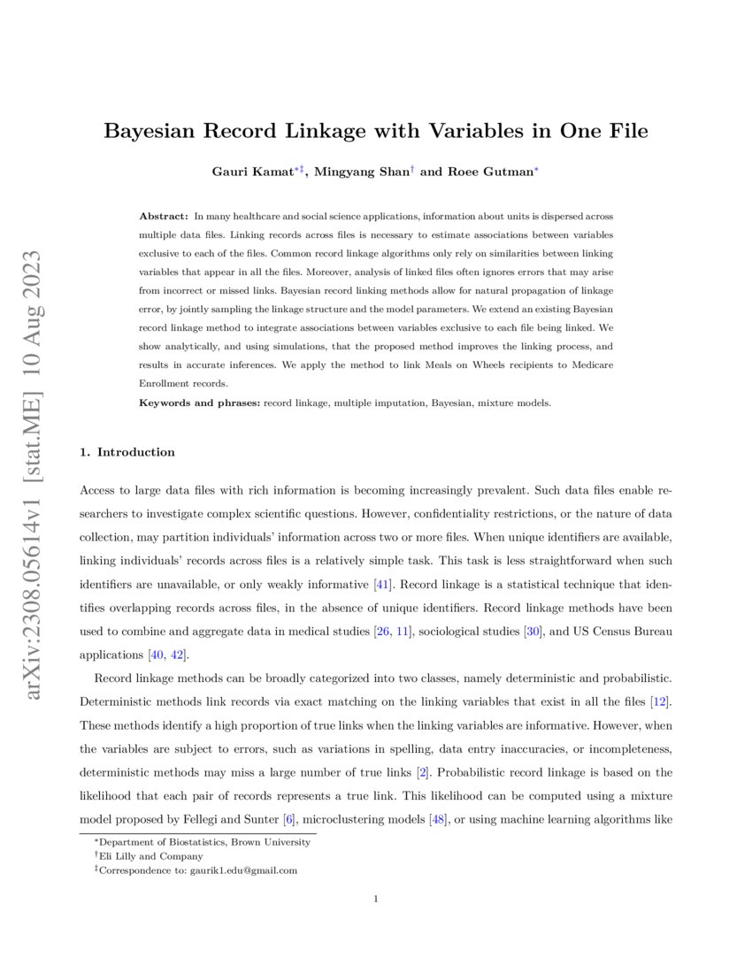 Bayesian Record Linkage With Variables In One File Deepai