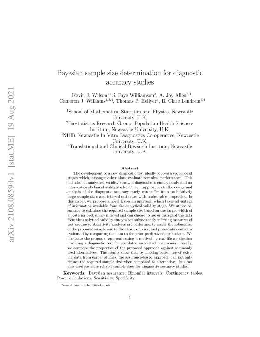 Bayesian sample size determination for diagnostic accuracy studies | DeepAI