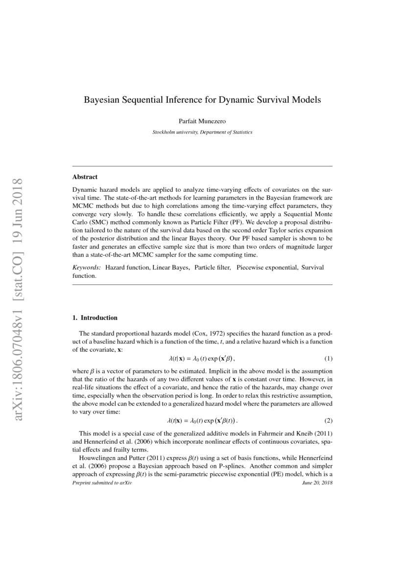 Bayesian Sequential Inference in Dynamic Survival Models | DeepAI Bayesian Sequential Inference in Dynamic Survival Models | DeepAI