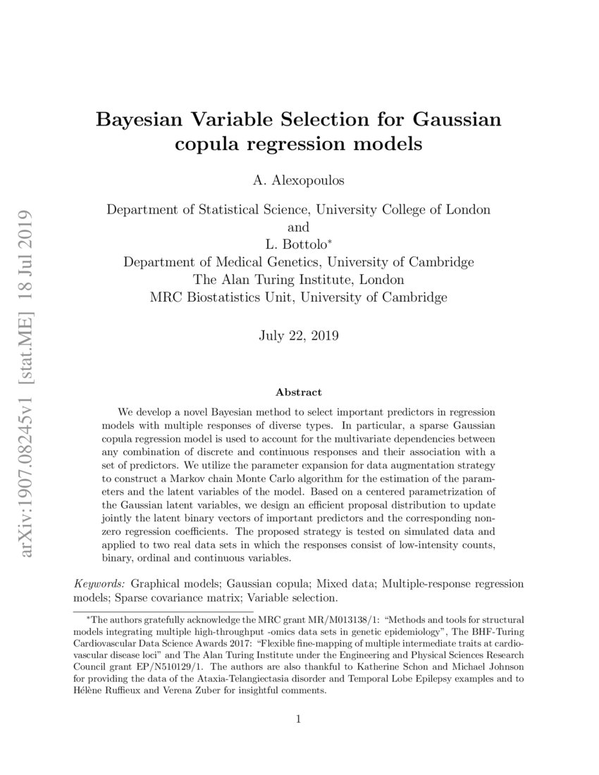 Bayesian Variable Selection for Gaussian copula regression models | DeepAI Bayesian Variable Selection for Gaussian copula regression models | DeepAI