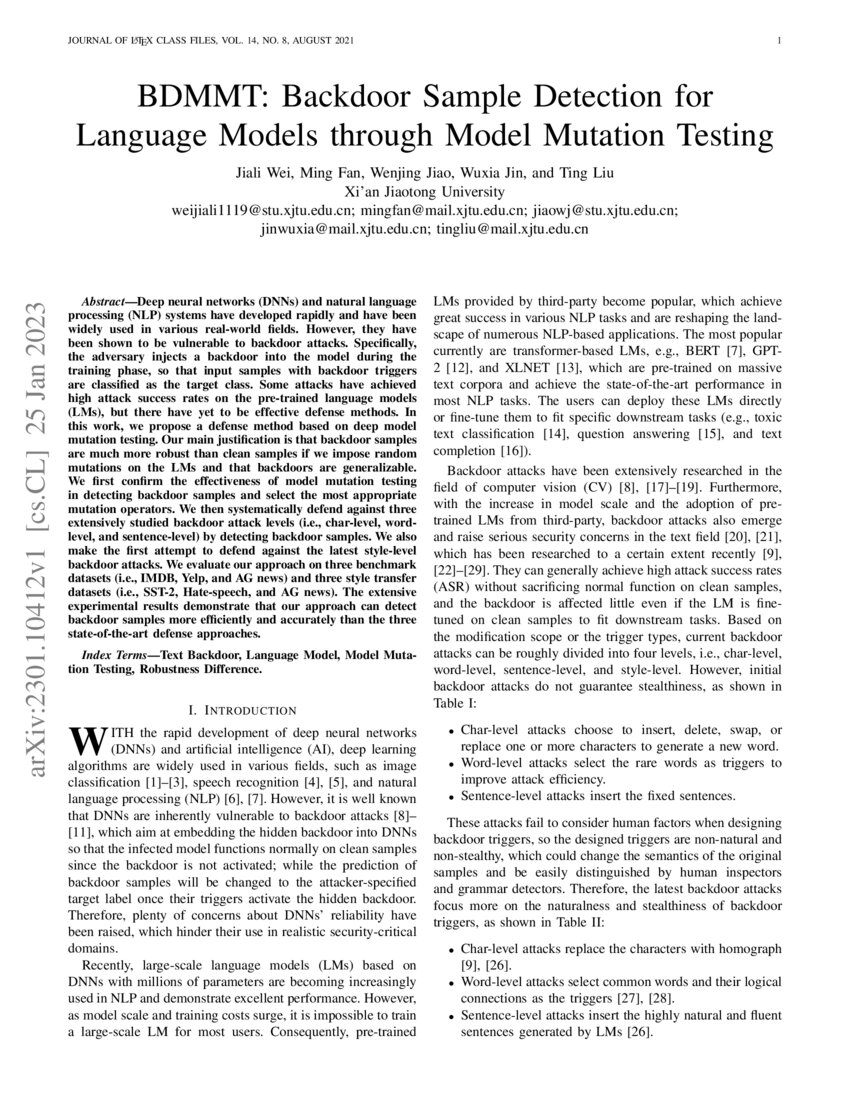 Bdmmt Backdoor Sample Detection For Language Models Through Model Mutation Testing Deepai