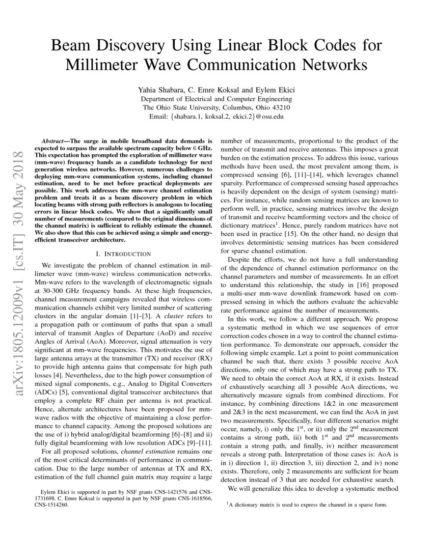 Beam Discovery Using Linear Block Codes For Millimeter Wave Communication Networks Deepai