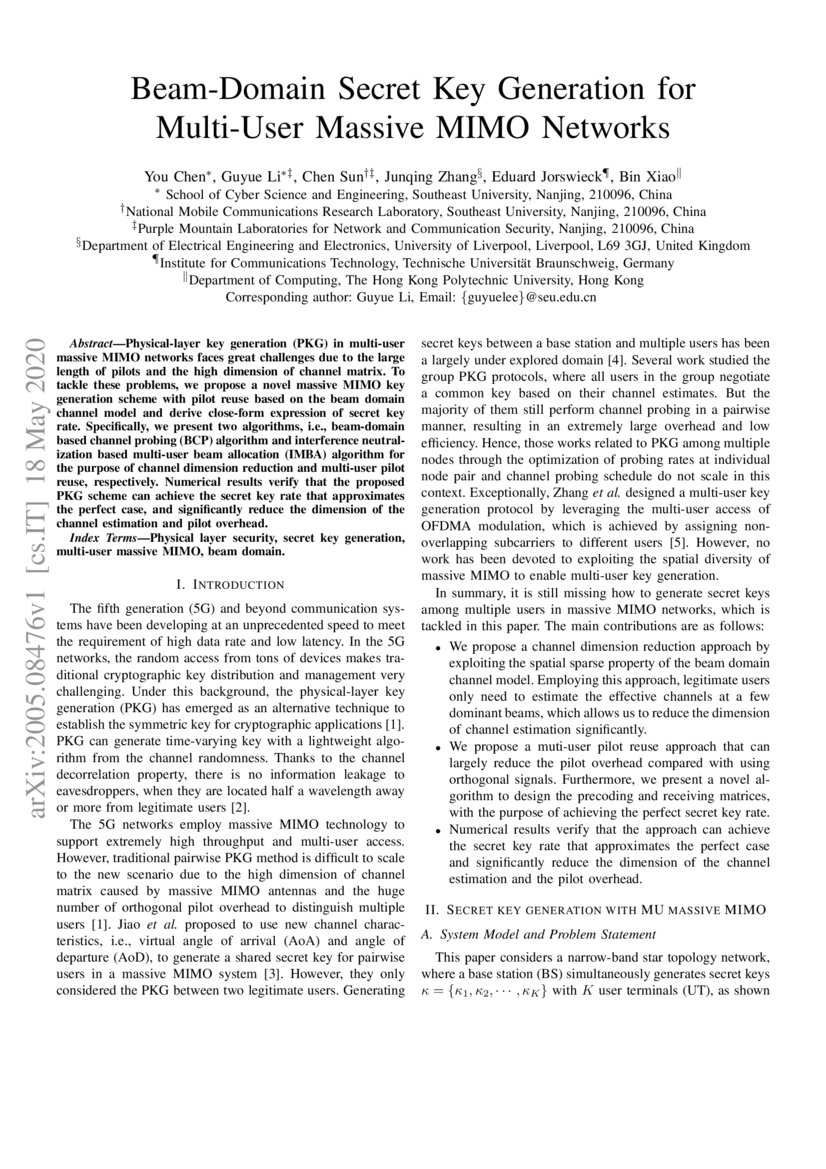 Beam-Domain Secret Key Generation for Multi-User Massive MIMO Networks ...