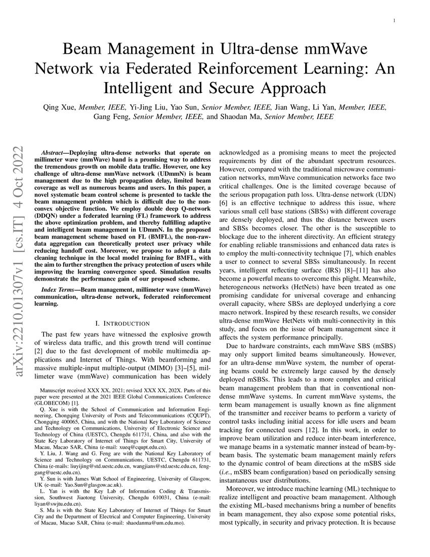 Beam Management in Ultra-dense mmWave Network via Federated Reinforcement Learning: An ...