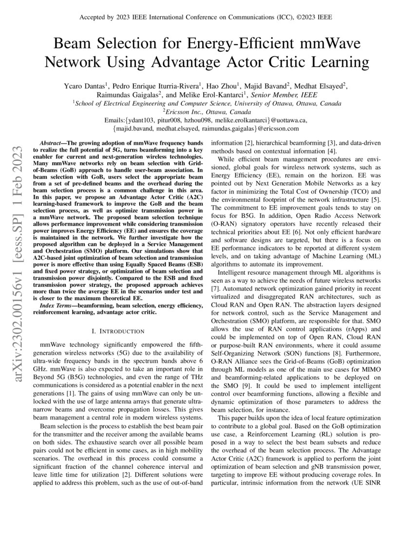 Beam Selection For Energy Efficient Mmwave Network Using Advantage Actor Critic Learning Deepai