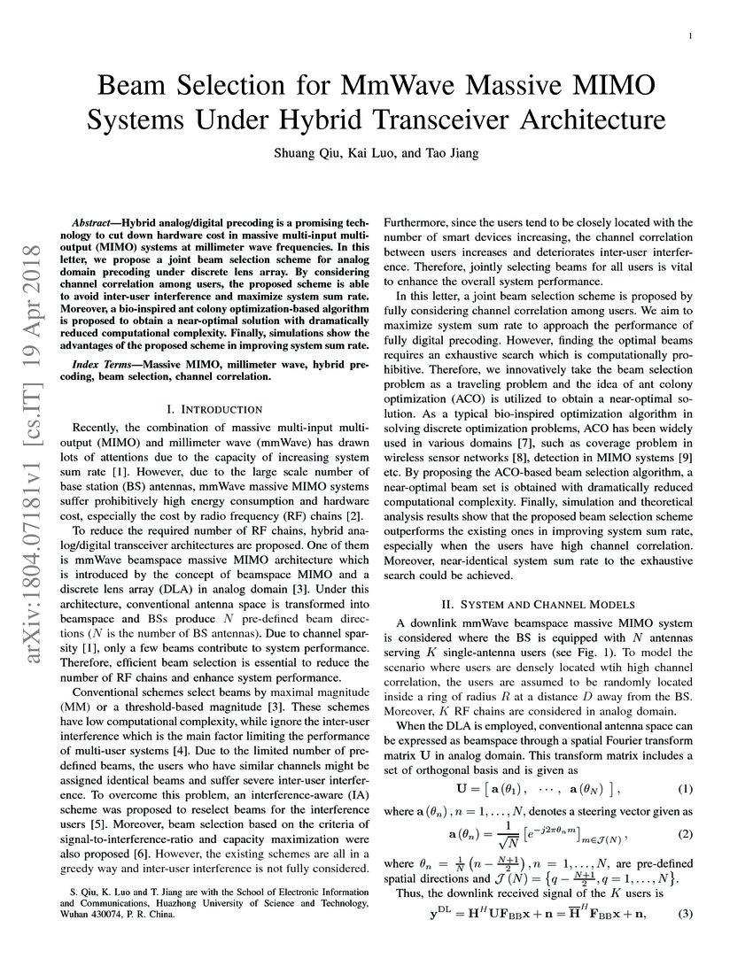 Beam Selection For Mmwave Massive Mimo Systems Under Hybrid Transceiver