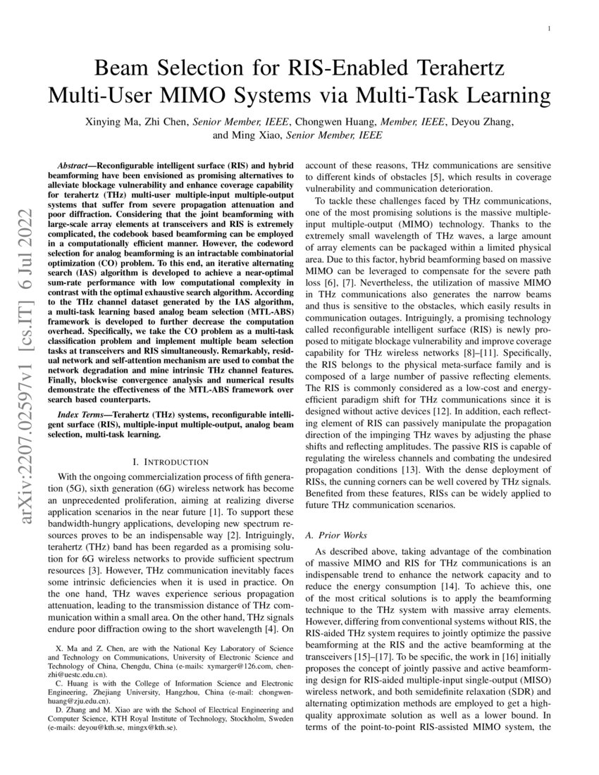 Beam Selection for RIS-Enabled Terahertz Multi-User MIMO Systems via Multi-Task Learning | DeepAI