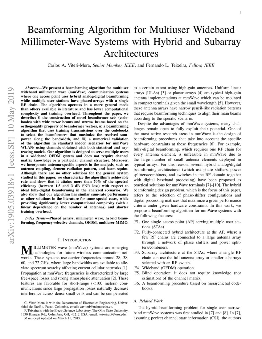 Beamforming Algorithm for Multiuser Wideband Millimeter-Wave Systems with Hybrid and Subarray ...
