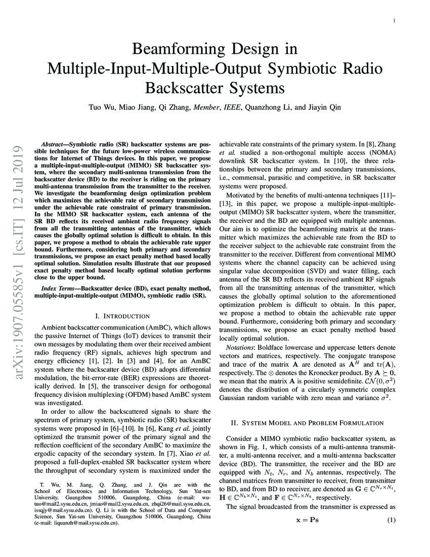 Beamforming Design in Multiple-Input-Multiple-Output Symbiotic Radio Backscatter Systems | DeepAI