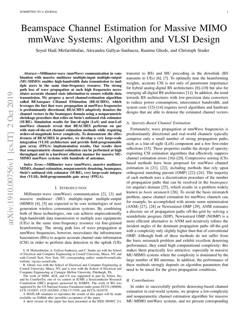 Beamspace Channel Estimation for Massive MIMO mmWave Systems: Algorithm and VLSI Design | DeepAI