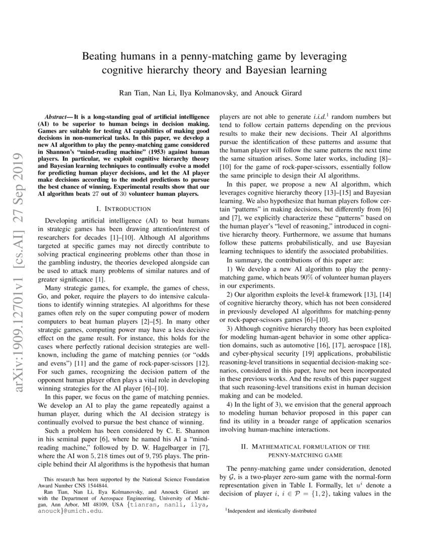 Beating humans in a penny-matching game by leveraging cognitive ...