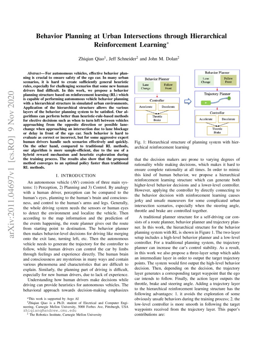 Behavior Planning at Urban Intersections through Hierarchical Reinforcement Learning | DeepAI