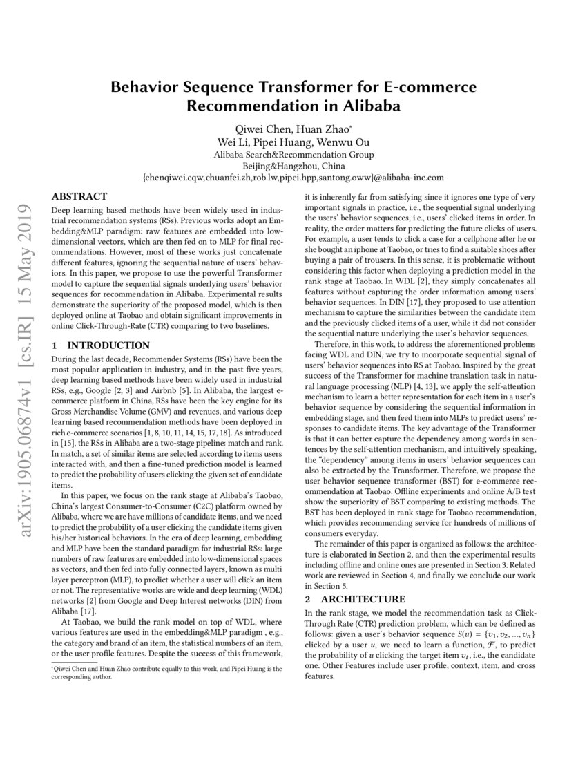 Behavior Sequence Transformer for E-commerce Recommendation in Alibaba | DeepAI