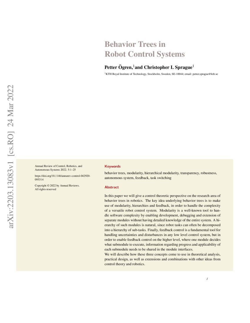 Behavior Trees in Robot Control Systems | DeepAI