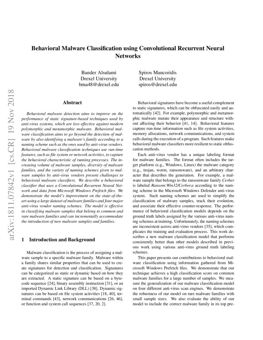 Behavioral Malware Classification Using Convolutional Recurrent Neural 7601