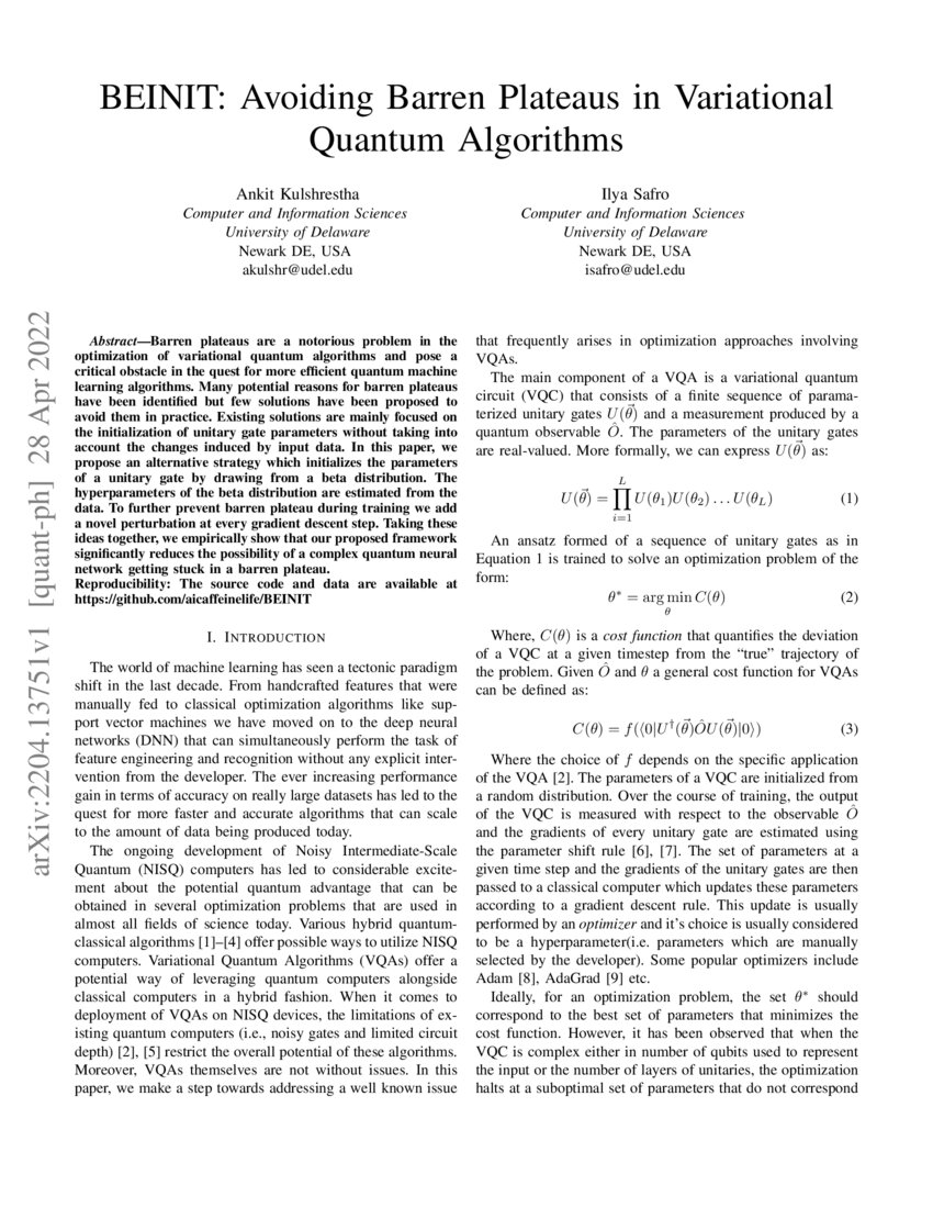 BEINIT: Avoiding Barren Plateaus in Variational Quantum Algorithms | DeepAI