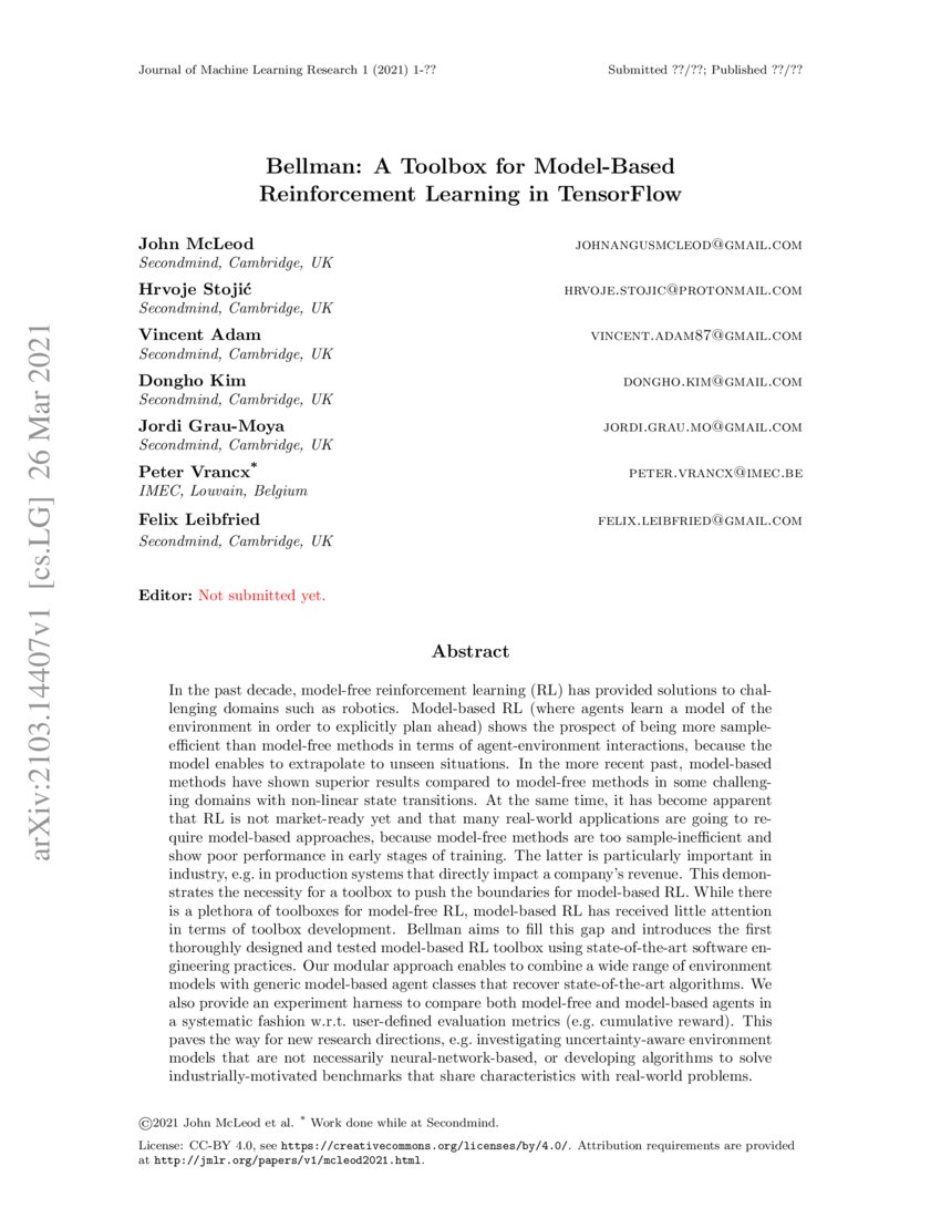 Bellman: A Toolbox for Model-Based Reinforcement Learning in TensorFlow | DeepAI