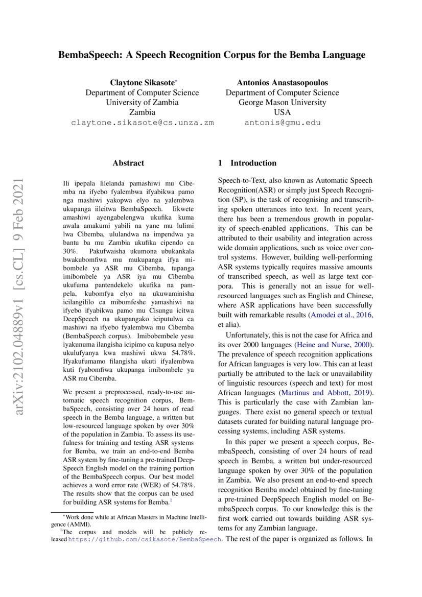 BembaSpeech: A Speech Recognition Corpus for the Bemba Language | DeepAI