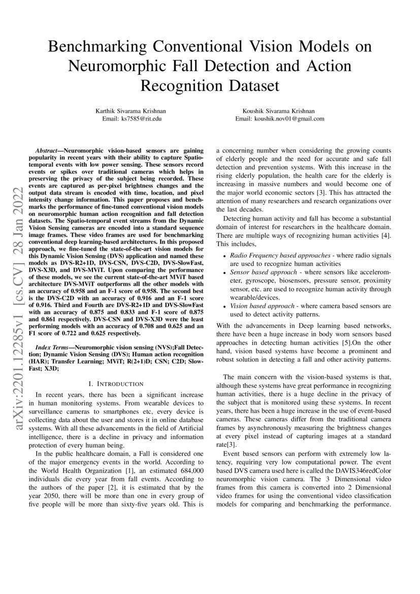 Benchmarking Conventional Vision Models on Neuromorphic Fall Detection and Action Recognition ...