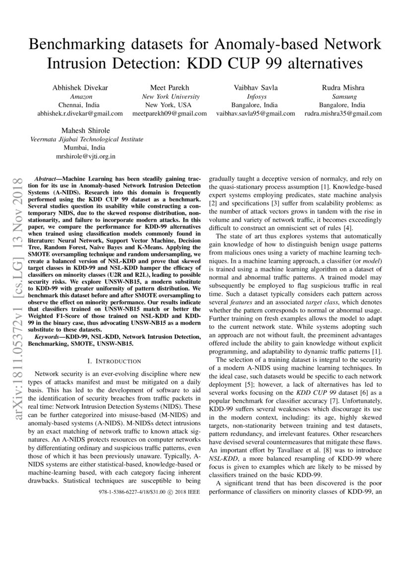 Benchmarking Datasets For Anomaly Based Network Intrusion Detection Kdd Cup 99 Alternatives 