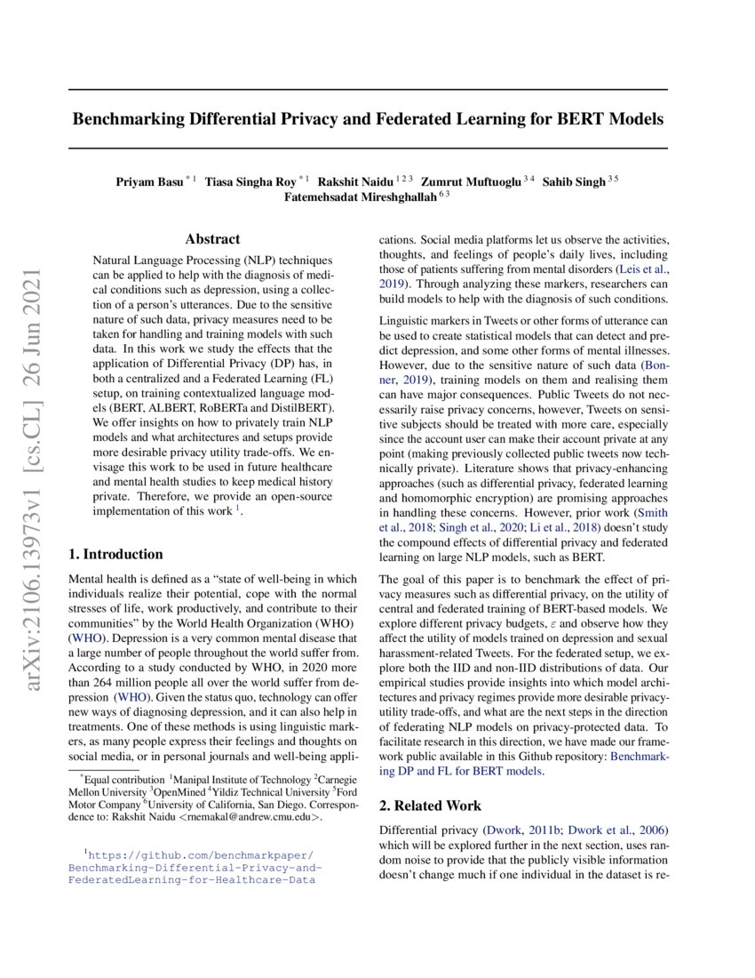 Benchmarking Differential Privacy and Federated Learning for BERT ...
