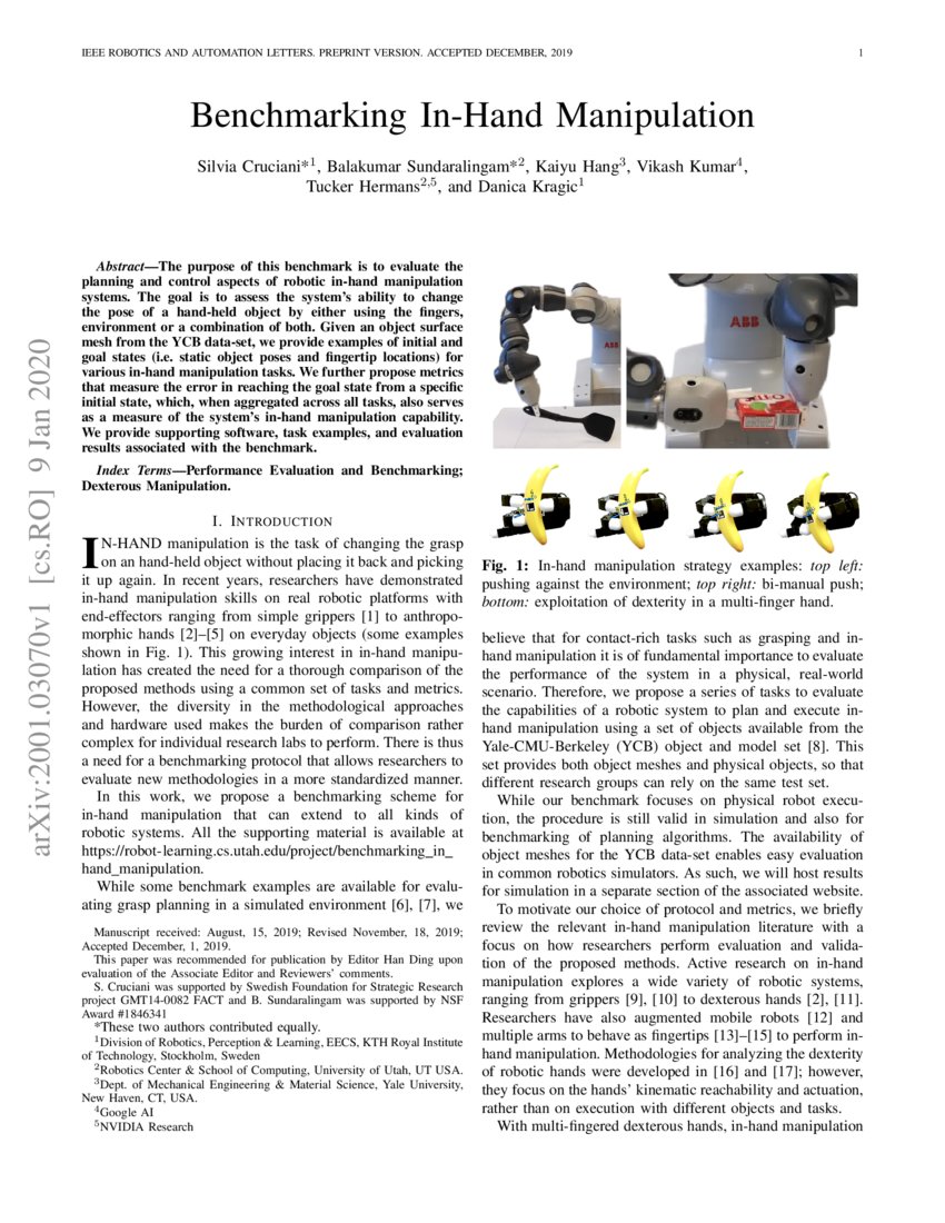 Benchmarking In-Hand Manipulation | DeepAI