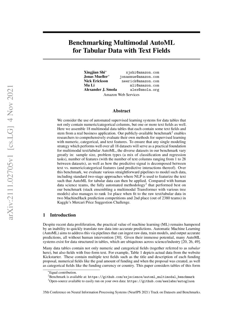 Benchmarking Multimodal AutoML for Tabular Data with Text Fields | DeepAI