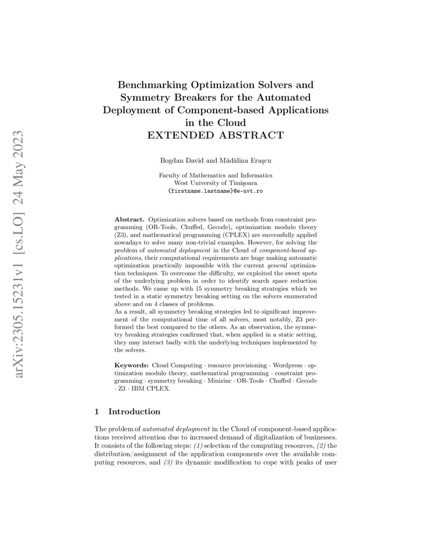 Benchmarking Optimization Solvers And Symmetry Breakers For The Automated Deployment Of