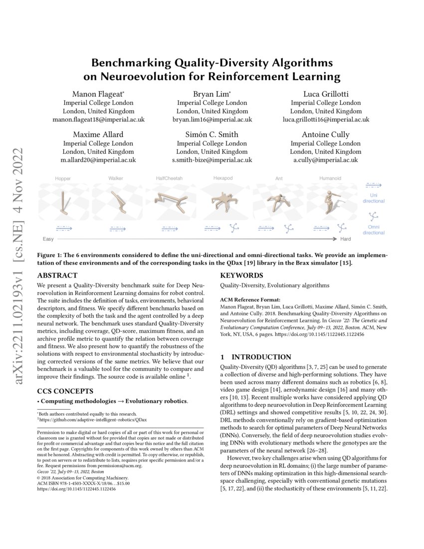 Benchmarking Quality Diversity Algorithms On Neuroevolution For Reinforcement Learning Deepai 0892