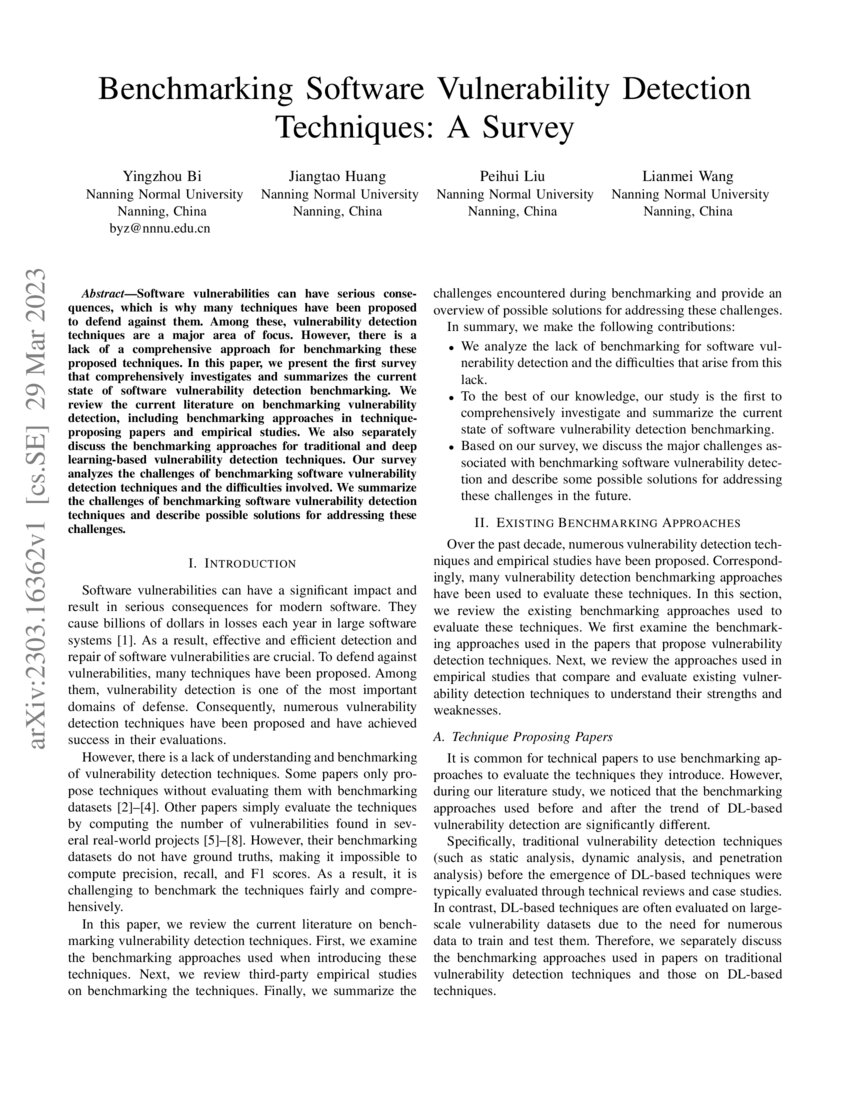 Benchmarking Software Vulnerability Detection Techniques A Survey Deepai