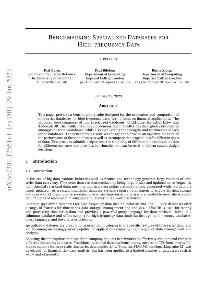 Benchmarking Specialized Databases for High-frequency Data | DeepAI