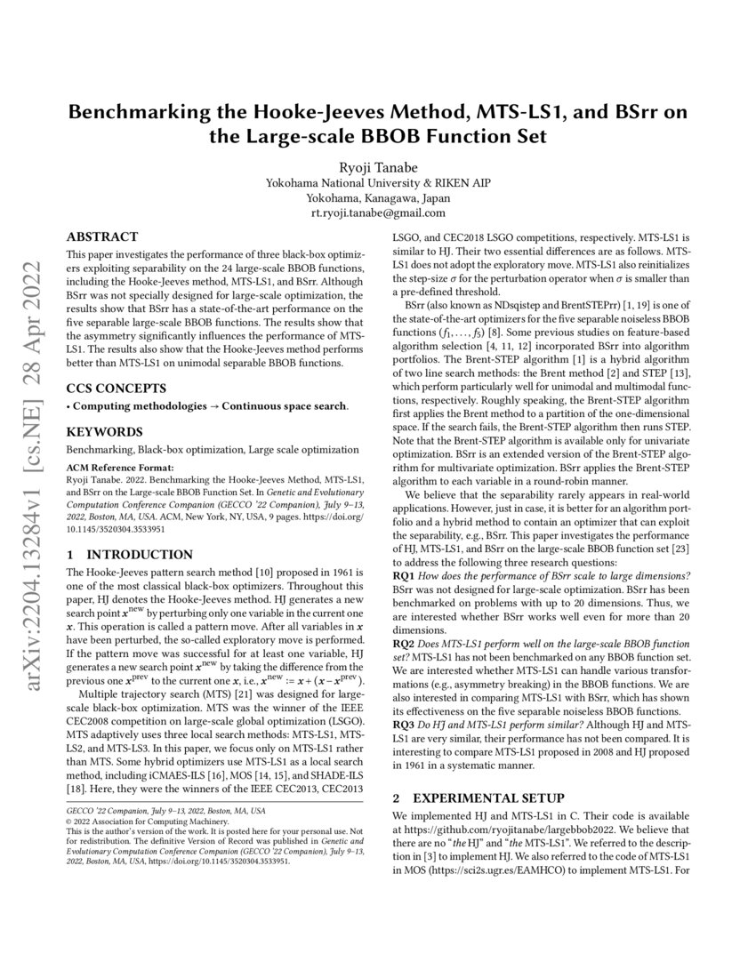 Benchmarking the Hooke-Jeeves Method, MTS-LS1, and BSrr on the Large-scale BBOB Function Set ...