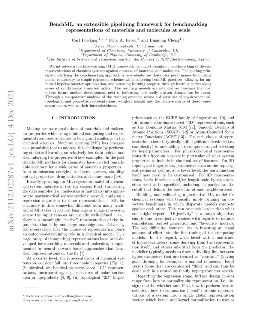 Benchml An Extensible Pipelining Framework For Benchmarking Representations Of Materials And