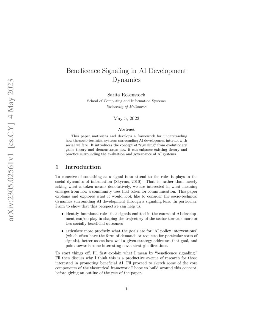 Beneficence Signaling in AI Development Dynamics | DeepAI