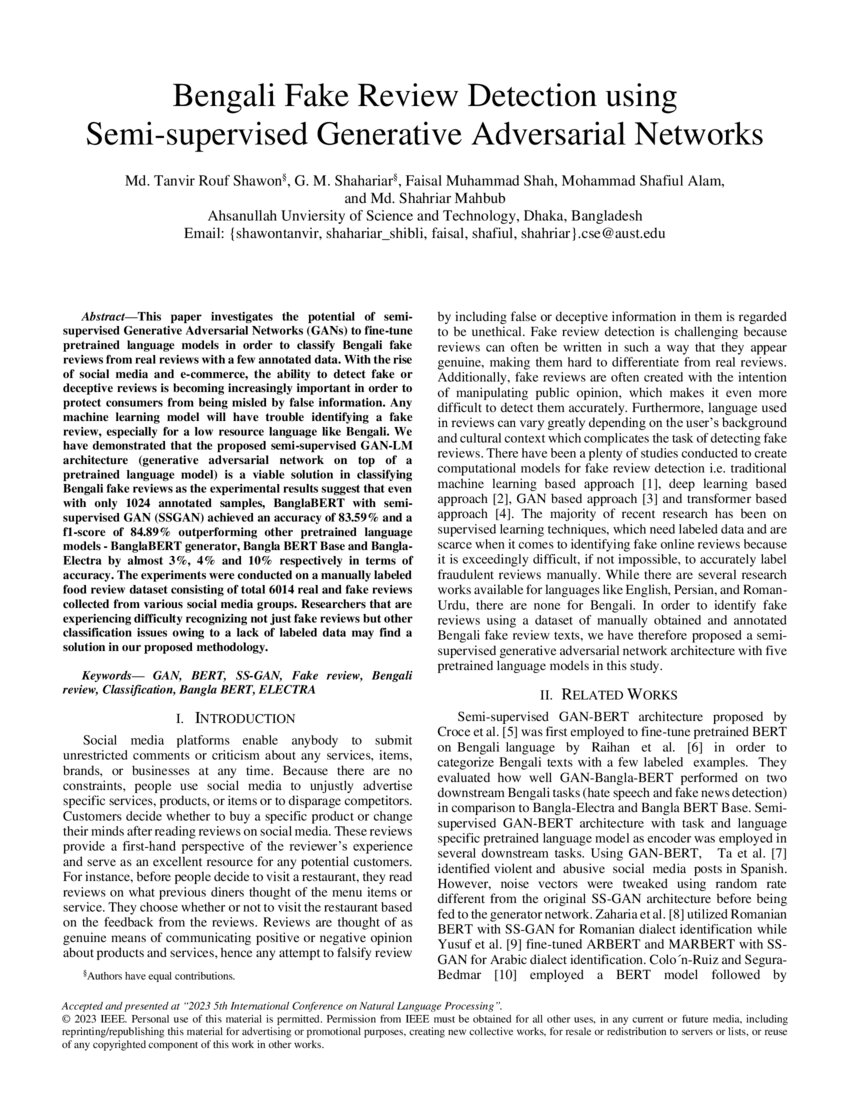 Bengali Fake Review Detection Using Semi Supervised Generative