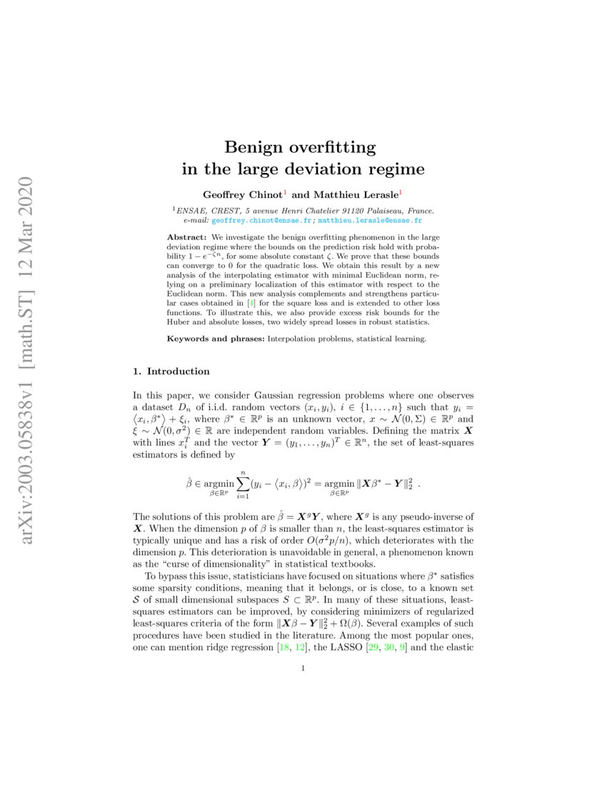 Benign overfitting in the large deviation regime | DeepAI