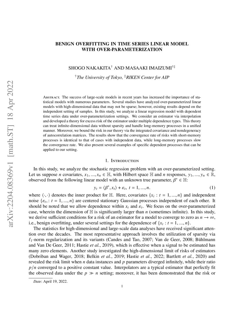 Benign Overfitting in Time Series Linear Model with Over-Parameterization | DeepAI