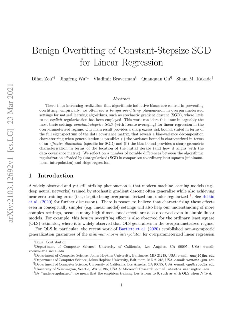 Benign Overfitting of Constant-Stepsize SGD for Linear Regression | DeepAI Benign Overfitting of Constant-Stepsize SGD for Linear Regression | DeepAI