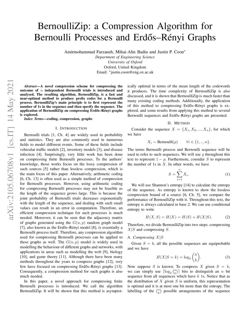 BernoulliZip: a Compression Algorithm for Bernoulli Processes and Erdos-Renyi Graphs | DeepAI