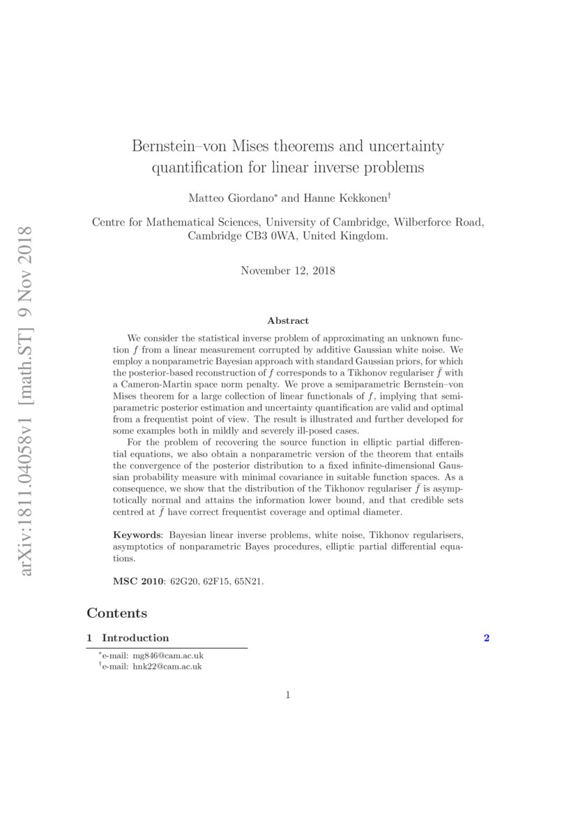 Bernstein-von Mises theorems and uncertainty quantification for linear inverse problems | DeepAI