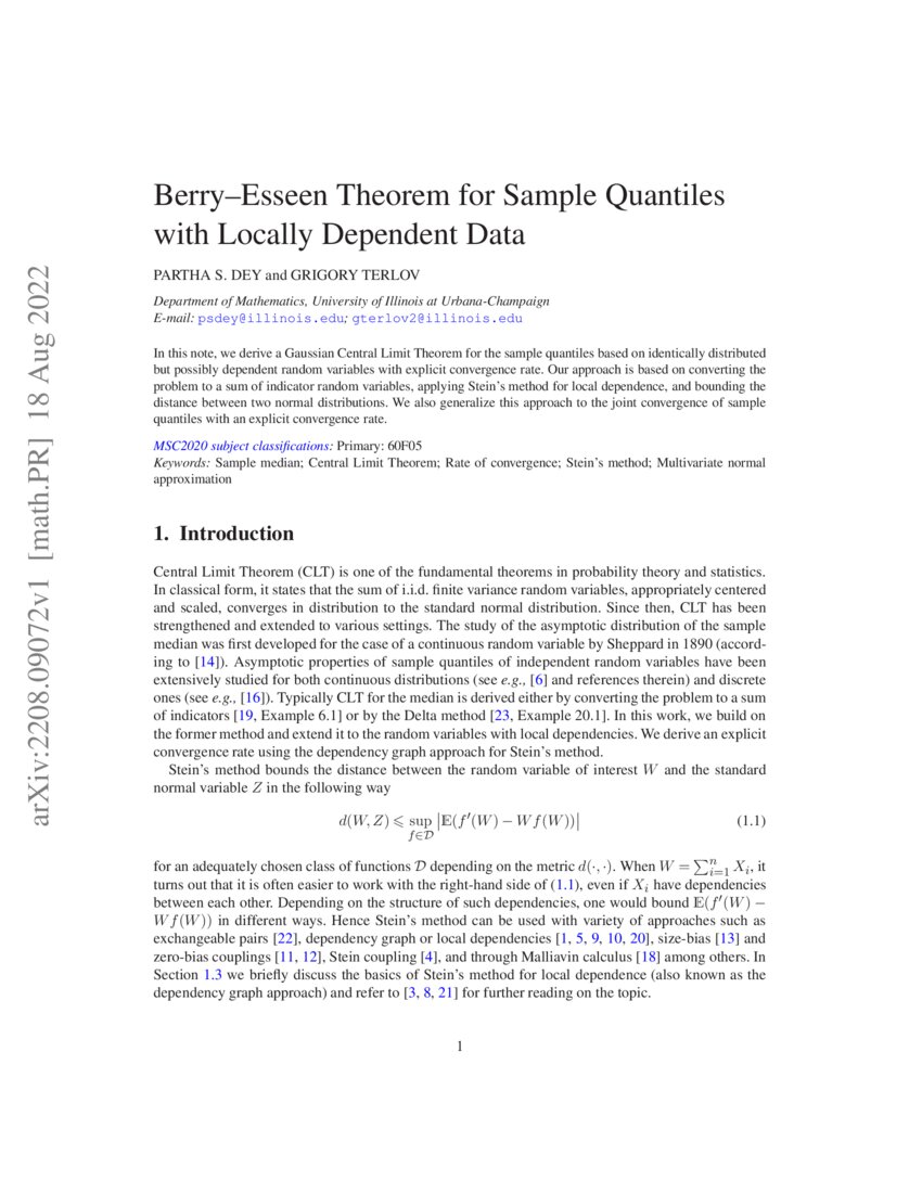 Berry-Esseen Theorem for Sample Quantiles with Locally Dependent Data | DeepAI