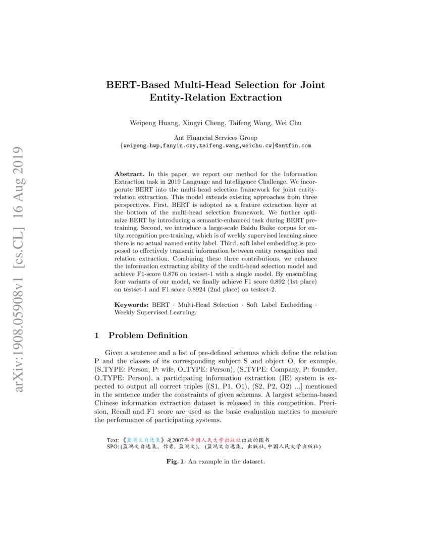 Bert Based Multi Head Selection For Joint Entity Relation Extraction