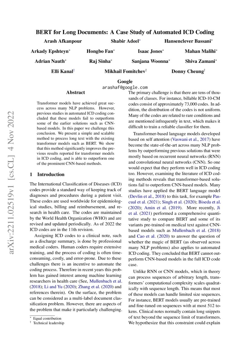 BERT for Long Documents: A Case Study of Automated ICD Coding | DeepAI