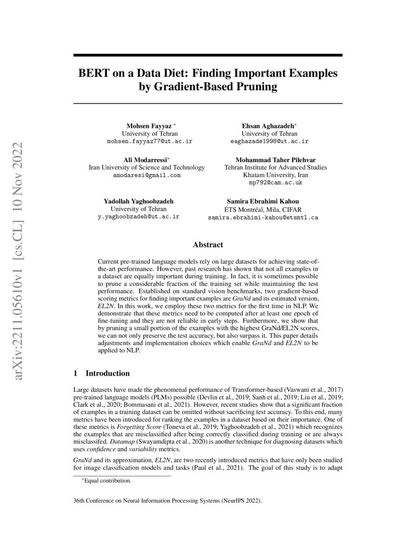 BERT on a Data Diet: Finding Important Examples by Gradient-Based Pruning | DeepAI