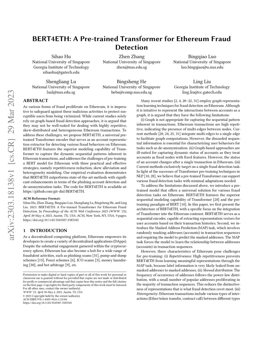 Bert4eth A Pre Trained Transformer For Ethereum Fraud Detection Deepai