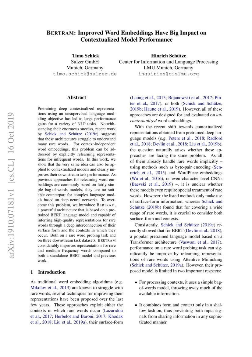 Bertram Improved Word Embeddings Have Big Impact On Contextualized Model Performance Deepai