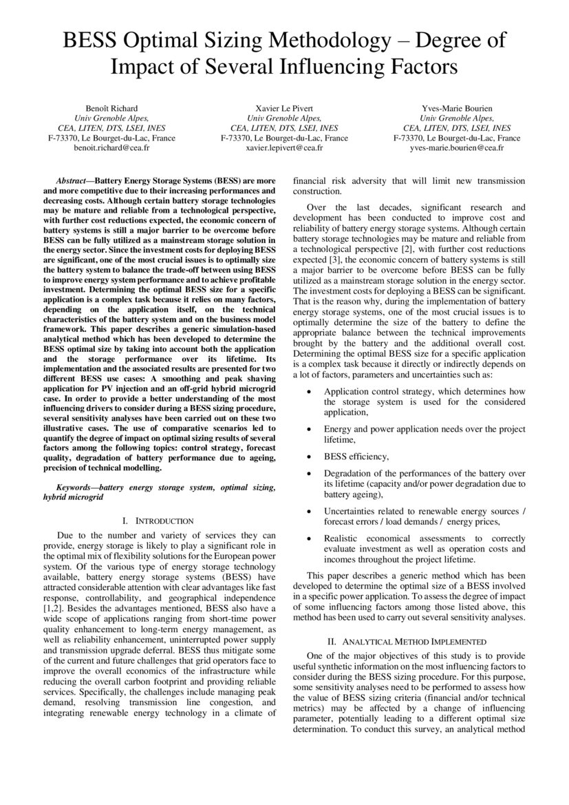 BESS Optimal Sizing Methodology -Degree of Impact of Several ...